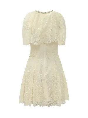 SELF-PORTRAIT Lace Crewneck Mini Dress With Cape Effect And Embellished Neckline
