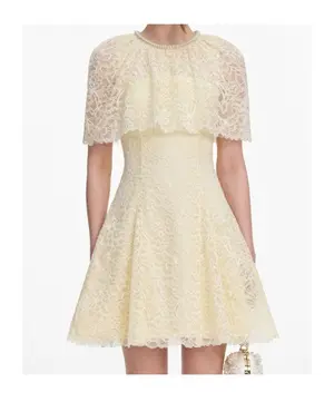 SELF-PORTRAIT Lace Crewneck Mini Dress With Cape Effect And Embellished Neckline