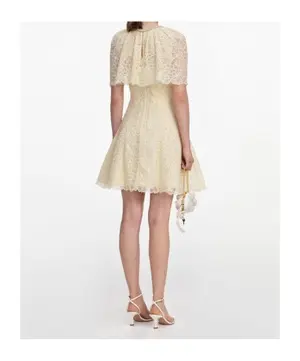 SELF-PORTRAIT Lace Crewneck Mini Dress With Cape Effect And Embellished Neckline