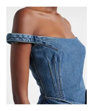 Magda Butrym Off-shoulder Floral Appliqué Denim Mini Dress