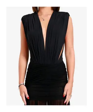 AMAZUIN Sleeveless V-neck Bodysuit With Padded Shoulders