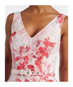 Monique Lhuillier Belted Floral Midi Dress