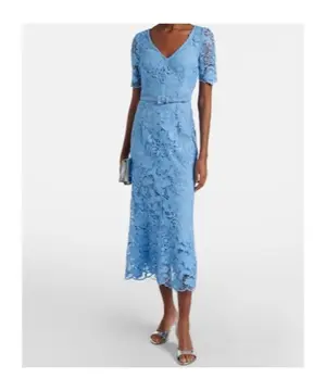 Monique Lhuillier Belted Lace Midi Dress