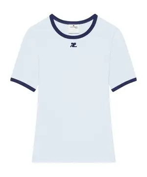 COURREGES Logo-embroidered Contrast-trim T-shirt - Soft Blue/work Blue