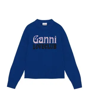 GANNI Logo-intarsia Knitted Crewneck Jumper - Blue