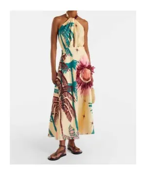 Johanna Ortiz Floral Linen Halterneck Midi Dress - Nude