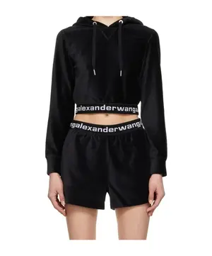 Alexander Wang T Logo Cropped Corduroy Hoodie - Black