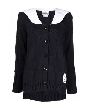 GANNI Sailor-collar Intarsia-knit Cardigan - Dark Blue