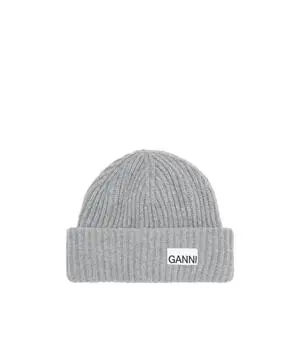 GANNI Logo Patch Oversized Beanie - Gray