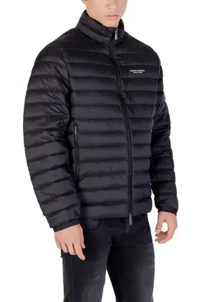 Armani Exchange Quilted Down Jacket With High Collar And Logo Detail - Black