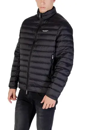 Armani Exchange Quilted Down Jacket With High Collar And Logo Detail - Black