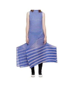 Issey Miyake Sleeveless High Collar Striped Dress With Asymmetrical Hem