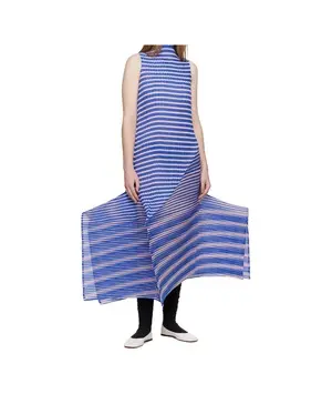 Issey Miyake Sleeveless High Collar Striped Dress With Asymmetrical Hem