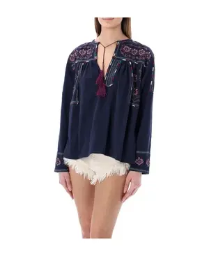 Isabel Marant Étoile Navy Blue Embroidered Poplin Blouse