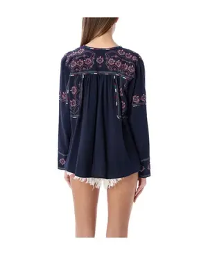 Isabel Marant Étoile Navy Blue Embroidered Poplin Blouse