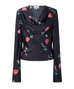 GANNI Floral Printed Satin Blouse - Black