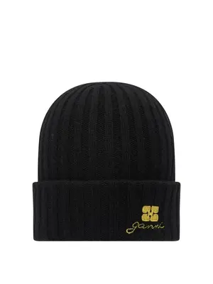 GANNI Logo Embroidered Beanie - Black