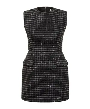 MSGM Checked Embellished Sleeveless Tweed Mini Dress