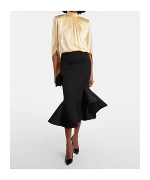 MUGLER Asymmetric Ruffled Wool-blend Midi Skirt