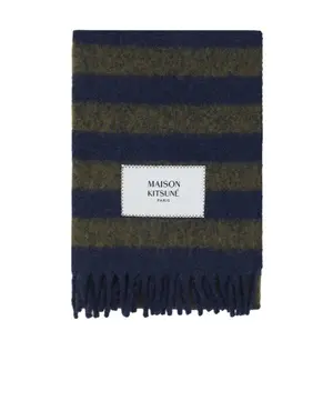 Maison Kitsuné Striped Fringed Knit Scarf - Black