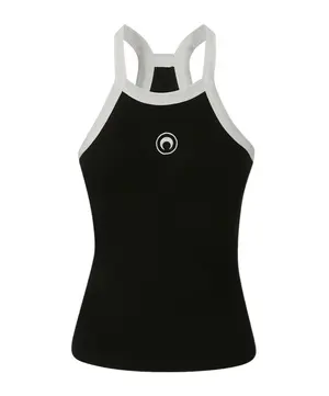MARINE SERRE Crescent Moon Embroidered Racerback Ribbed Top - Black