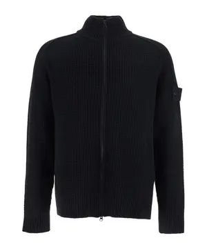 Stone Island Logo Patch Zip-up Cardigan - Black