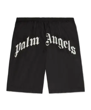 Palm Angels Curved Logo Elastic Waist Swim Shorts - Black