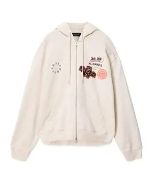 ALLSAINTS Patcher Zip Up Cotton Hoodie With Graphic Embellishments - Dusk White