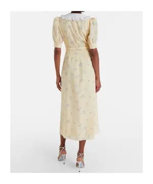Alessandra Rich Floral Silk Belted Midi Dress With Lace Trim