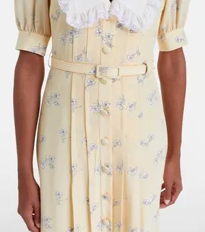 Alessandra Rich Floral Silk Belted Midi Dress With Lace Trim
