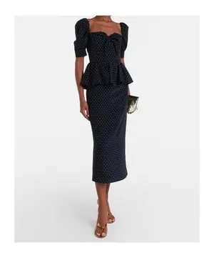 Alessandra Rich Polka Dot Peplum Silk Midi Dress - Black