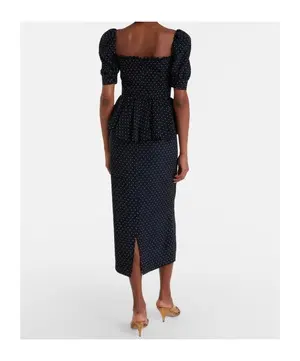 Alessandra Rich Polka Dot Peplum Silk Midi Dress - Black