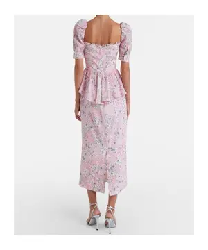 Alessandra Rich Floral Peplum Silk Midi Dress - Nude