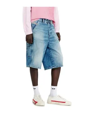 DIESEL® Relaxed Fit Fluid Denim Carpenter Shorts With Abrasions - Light Blue