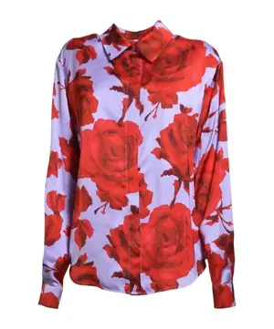 MSGM Floral-detailed Curved Hem Shirt - Red