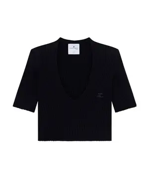 COURREGES Courrèges V-neck Cropped Knitted Top - Black