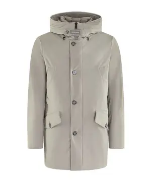 Woolrich Hooded Down Jacket With Button Fastening - Gray