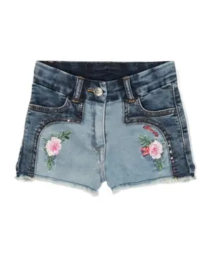 Monnalisa Floral Embroidered Denim Shorts - Blue