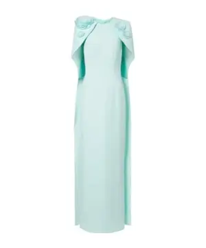 SAFIYAA LONDON Lennox Floral Appliqué Shawl Crepe Gown - Blue