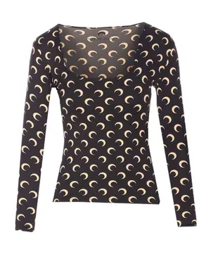 MARINE SERRE Moon Print Jersey Square Neck Long Sleeve Top