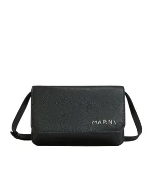 Marni Logo Embroidered Foldover Top Shoulder Bag - Black