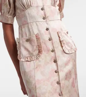 Alessandra Rich Floral Silk Satin Midi Dress With Buttoned Front