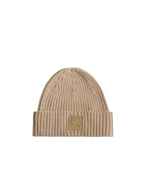 Maison Kitsuné Bold Fox Head Leather Patch Beanie - Chamois