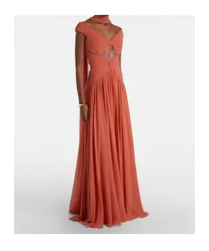 Elie Saab Gathered Silk Gown With Lace Trim