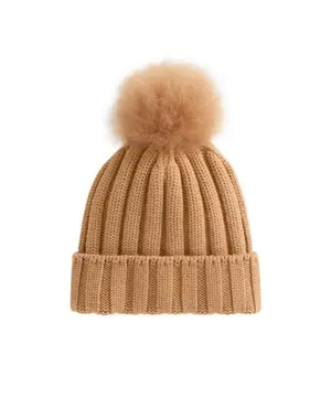 Woolrich Logo Patch Pompom Detailed Beanie - Soft Camel