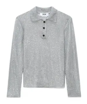 MSGM Long Sleeve Sequin Embellished Knit Polo Top - Grey