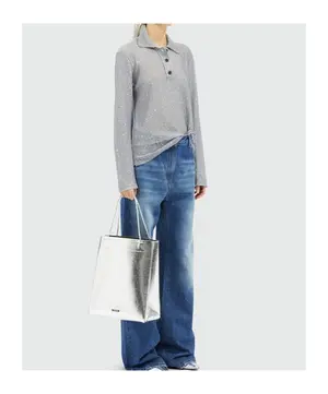 MSGM Long Sleeve Sequin Embellished Knit Polo Top