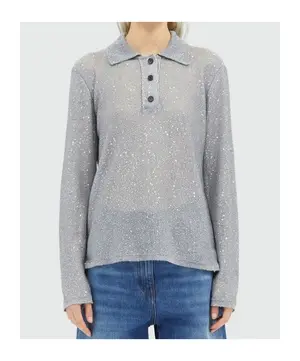 MSGM Long Sleeve Sequin Embellished Knit Polo Top