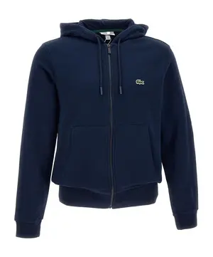 Lacoste Logo Patch Zip-up Drawstring Hoodie - Navy Blue