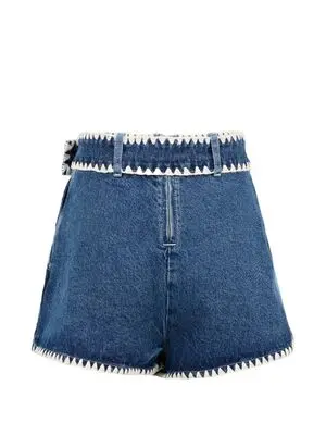 Farm Rio Crochet-trim Belted Denim Shorts
